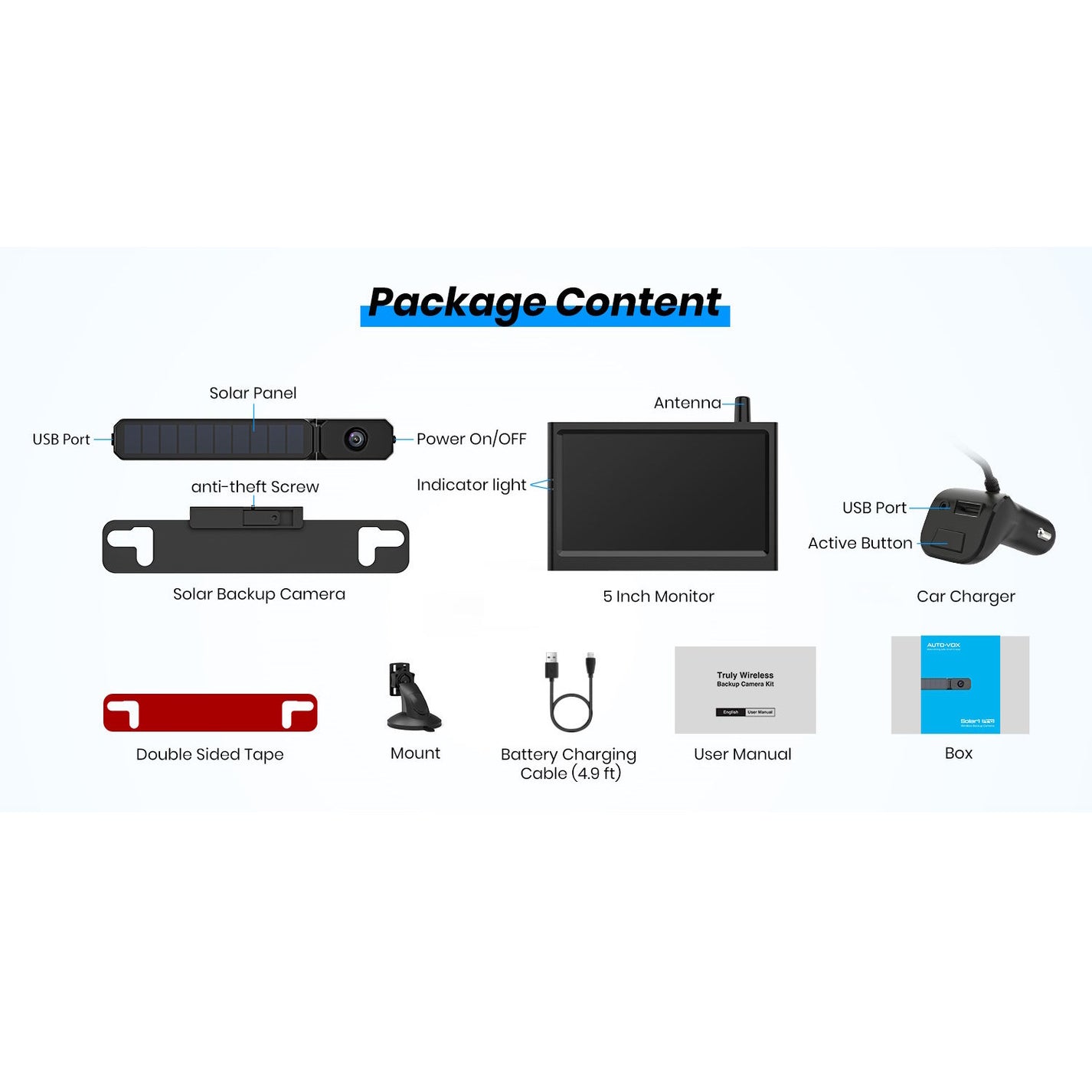 AutoVox Foxpark Solar 3A - Trådlös Backkamera